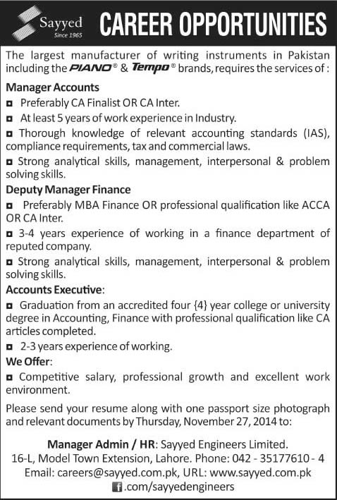 Accounting Jobs In Lahore 2014 November Sayyed Engineers Limited Piano